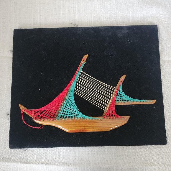 MCM | Art | Vintage Ship String Sail Boat Wooden Ocean Black Felt Art ...